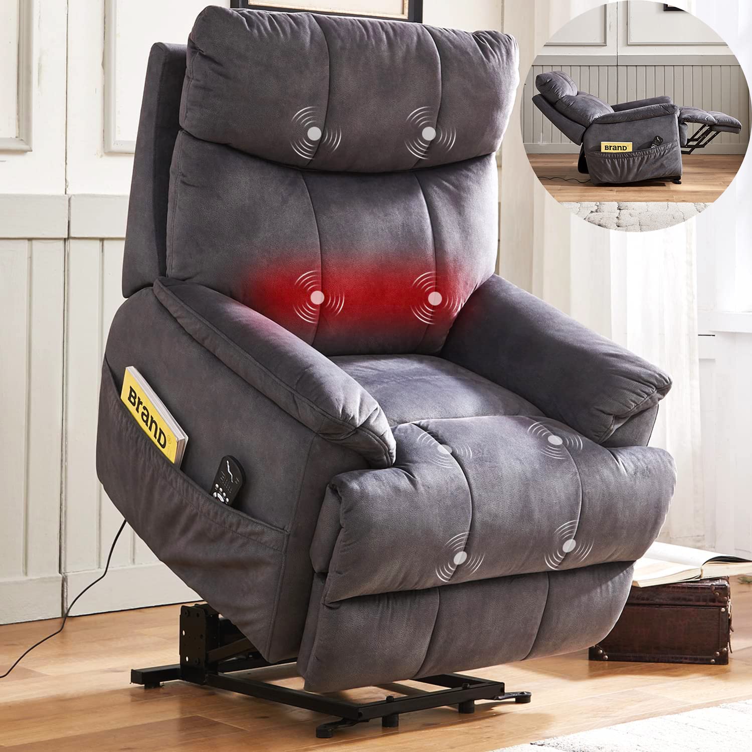 Comfort Stretch Electric Single Sofa for Elderly Up to 300Lbs Living Room Side Pocket Power Lift Recliner Chair with 8 Points Massage and Heating Functions, Large, Grey
