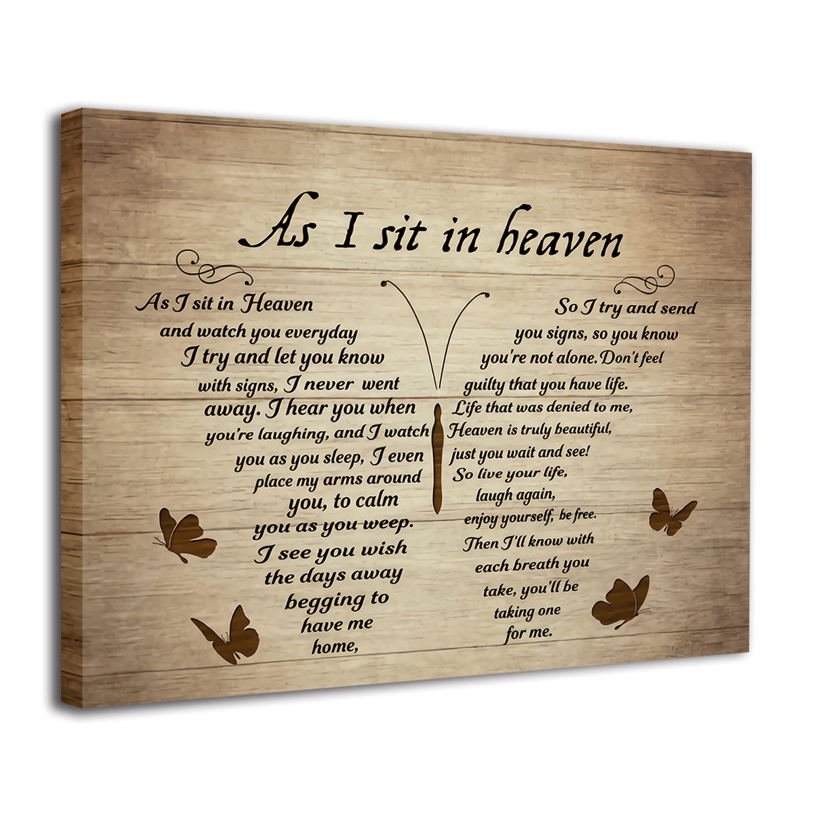 Butterflies Vintage Canvas Wall Art Canvas As I Sit in Heaven and Watch You Everyday Poem Painting on Canvas Wooden Background Rustic Inspirational Quotes Wall Art Paintings Quotes Poem Room