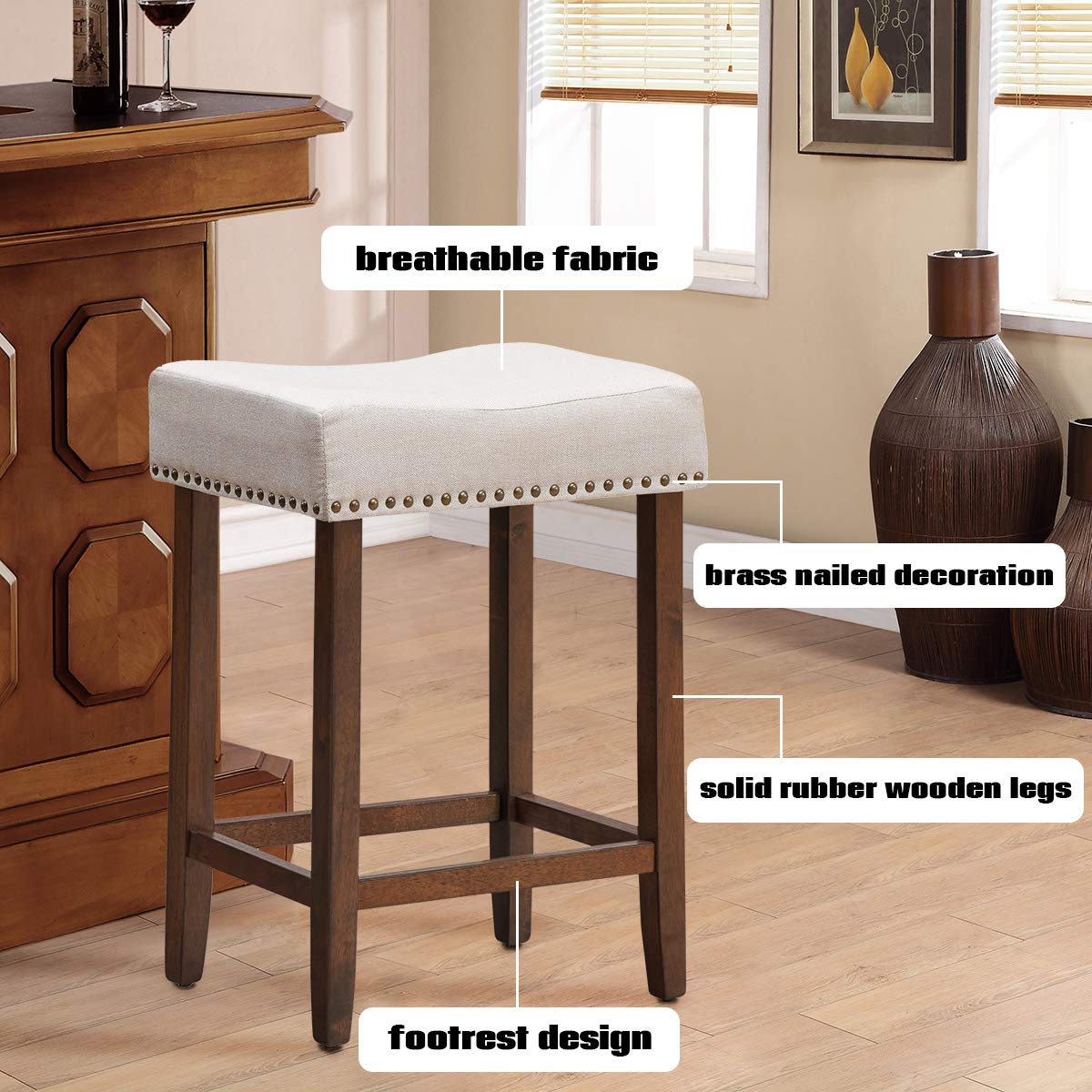 COSTWAY Saddle Stools Set of 2, 29-inch Counter Height Backless Stools with Brass Nailhead Trim, Solid Wood Legs, Foot Rest, Max Load 264 Lbs, Upholstered Bar Chair for Kitchen Island Pub, Grey