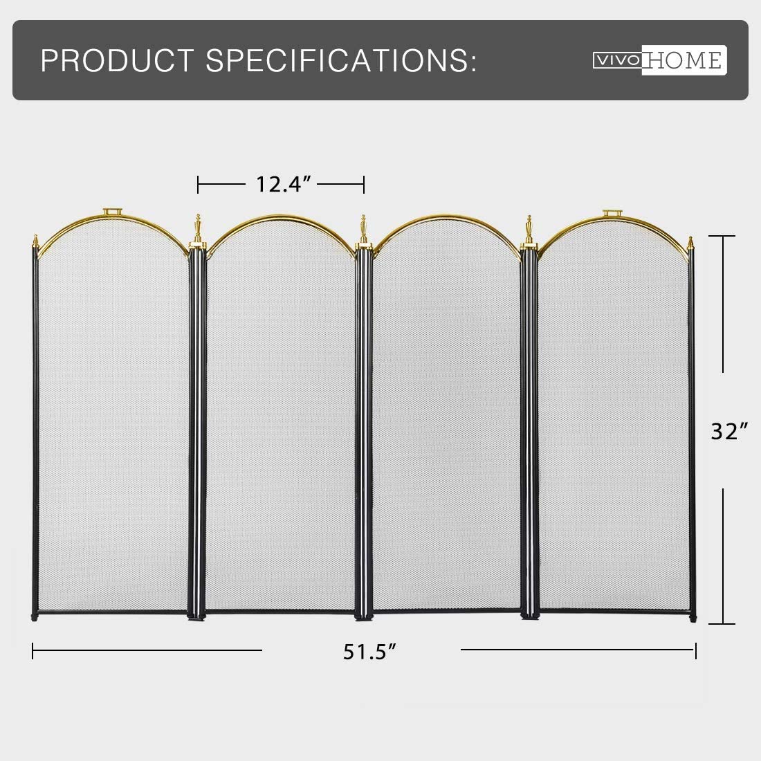 VIVOHOME 4 Panel 51.5 x 32 Inch Fireplace Screen Mesh Baby Safe Proof Fence Spark Guard Cover Ornate Wrought Iron Black Metal Fire Place Standing Gate