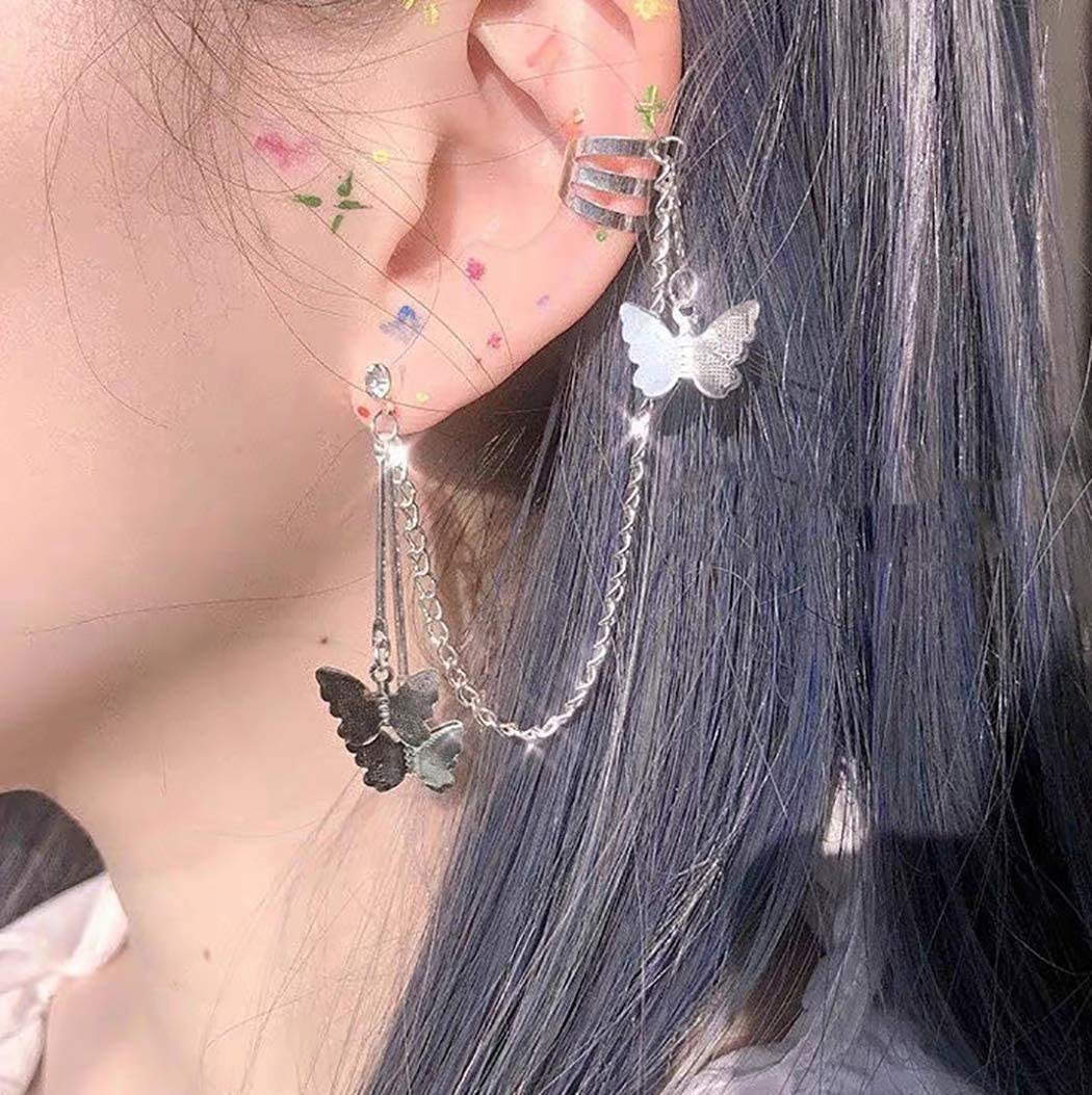 Butterfly Cuff Chain Earrings Silver Tassel Crawler Earring Wrap Earrings Crystal Drop Earring Set Jewelry Gift for Women