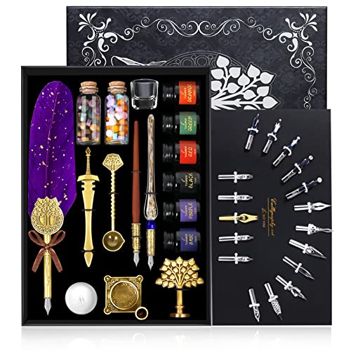 TIANREN Calligraphy Feather Dip pen set with 6 bottles of ink,Quill Pen,Wooden Dip Pen,Glass Dip Pen,Wax Seal Stamp Kits,Pen Holder,spoon,Letter opener, Christmas Gift for Men&Women(Purple)