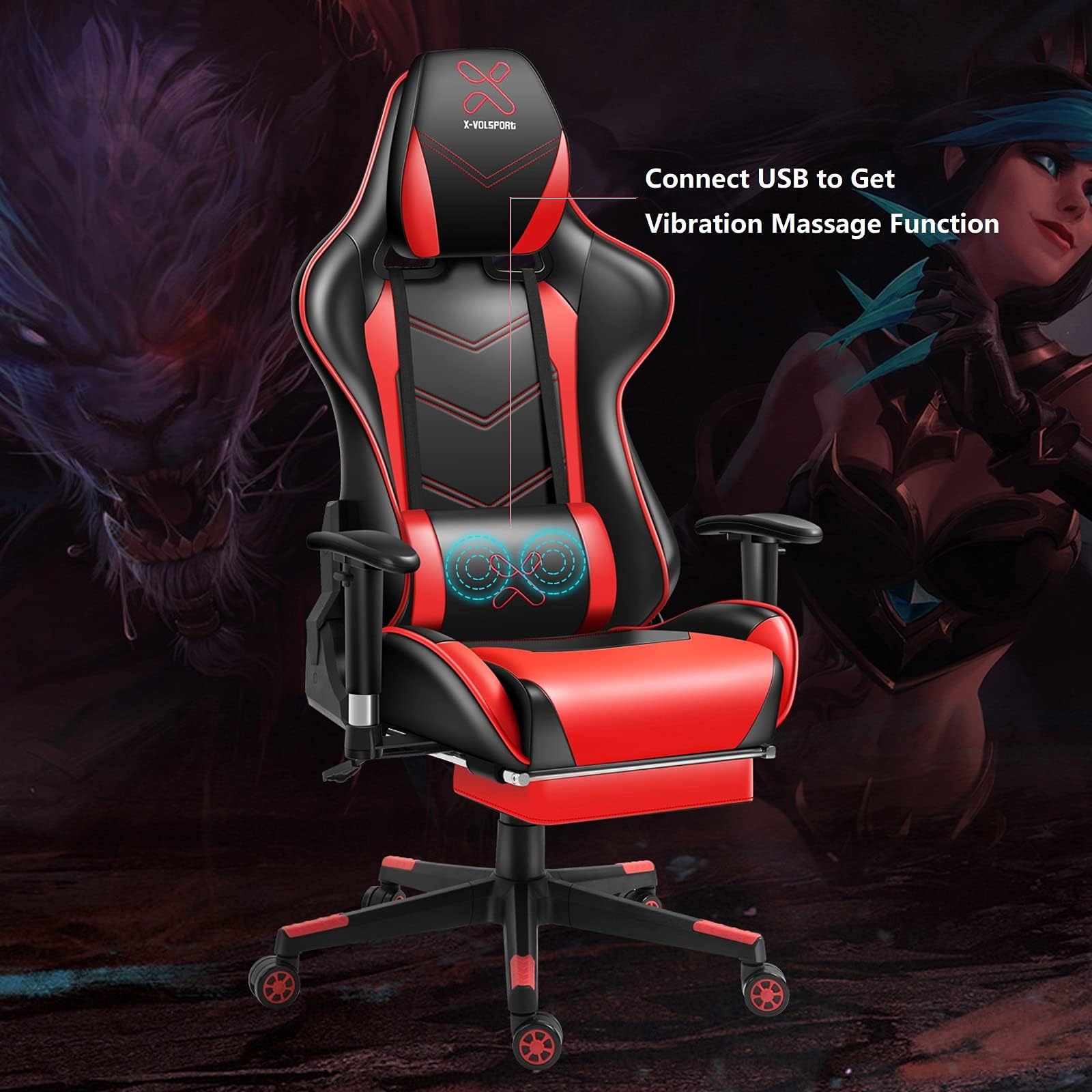 X-VOLSPORT Massage Gaming Chair with Footrest Reclining High Back Ergonomic Office Chair with Lumbar Support and Headrest Computer Chair Red Desk Chair