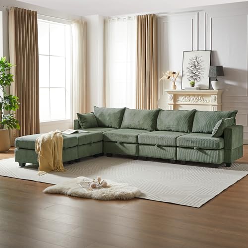 FANYE L/U-Shaped Oversized Free Combination Modular Storage Sectional Sofa Soft Corduroy Upholstered Deep Seat Sofa&Couch Convertible Sleeper Couch Bed W/2 Pillows for Living Room
