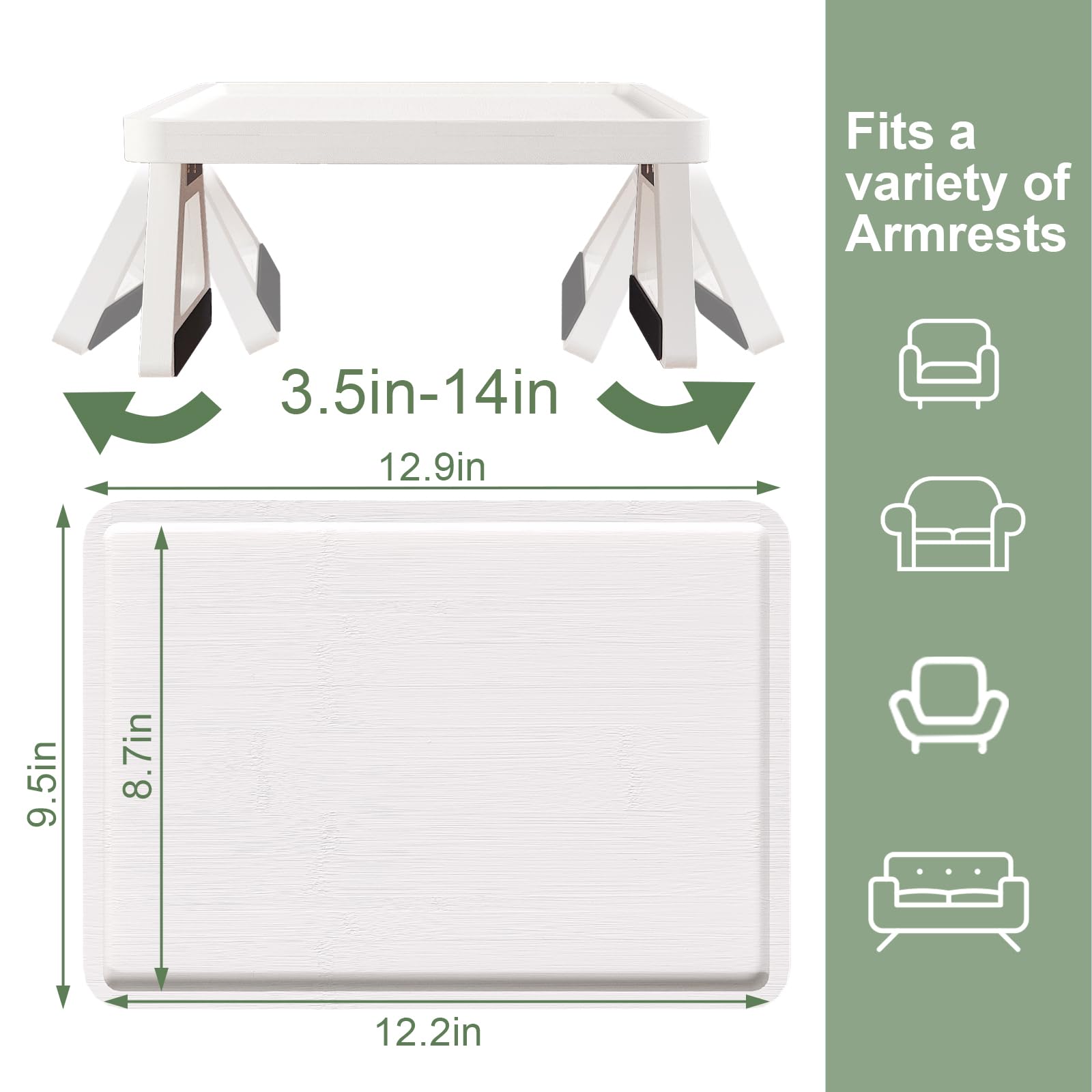 Danfoxer Couch Arm Tray,Bamboo Couch Tray,Folding Sofa Tray,Anti-Slip Sofa Armrest Tray,Couch Arm Table-Clip-On Couch Desk for Drinks, Snacks,Phone,Remote Control(White)