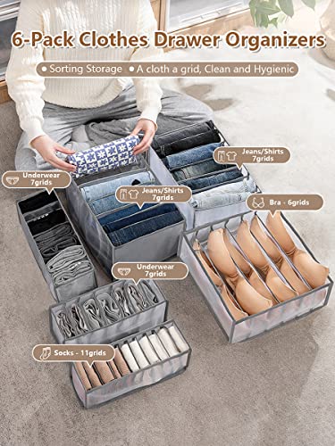SandKing 6PACK Wardrobe Clothes Drawer Organizers Dividers - 6/7/11Grids Compartment Storage Box Bins for Jeans,Bras,Underwear,Socks,Baby Clothes, Foldable Closet Drawer Organizers Storage Bedroom