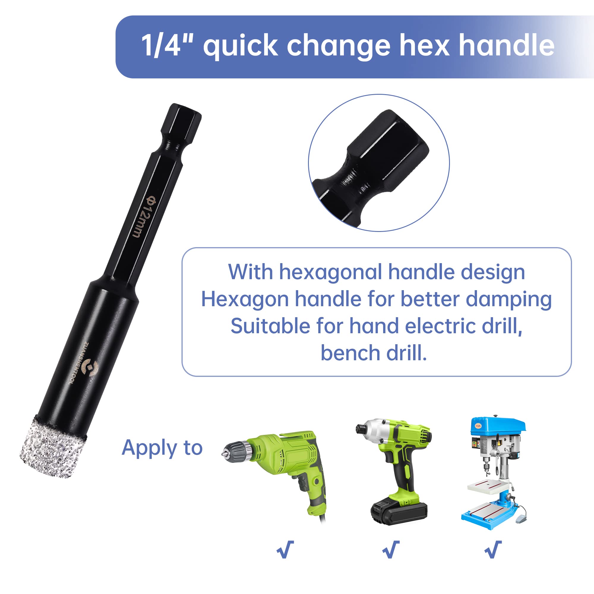 Diamond Drill Bits Set, 5 Piece Dry Diamond Hole Saw with Quick Change Hex Shank for Granite Ceramic Marble Tile Stone Glass Hard Materials (not for Wood) 1/4, 5/16, 3/8, 1/2 inch