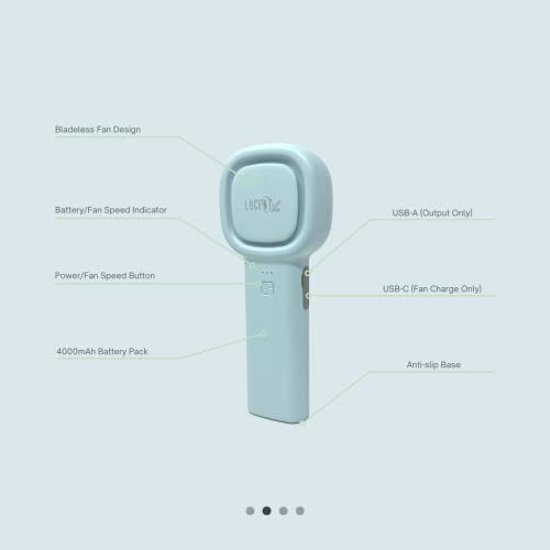 Lucent Air Handheld Fan with Power Bank – Matte Blue – Bladeless 2 in 1 Personal Fan for Travel, Office – 4000mAh Rechargeable USB Fan – Ultra-Quiet Cooling Fan – Non Slip Base Mini Fan
