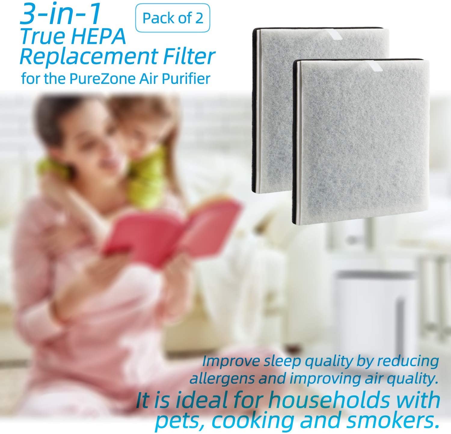 XIMOON 3-in-1 True HEPA Filter Replacement for PureZone Air Purifier Pure Enrichment Pure Zone Part # PEAIRFIL, 2 Pack