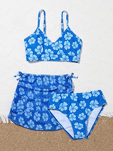 COZYEASE Girls' 3 Piece Set Floral Print Bikini Swimsuit with Drawstring Beach Skirt Cute Ruched Bathing Suit Blue 12 Years