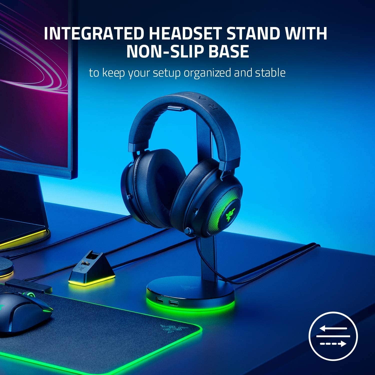Razer Base Station V2 Chroma - Chroma Enabled Headset Stand with 3.1 USB Hub and 7.1 Surround Sound (2 USB 3.1 Ports, Intergrated Headset Stand, Non-Slip Base, Chroma RGB) Black
