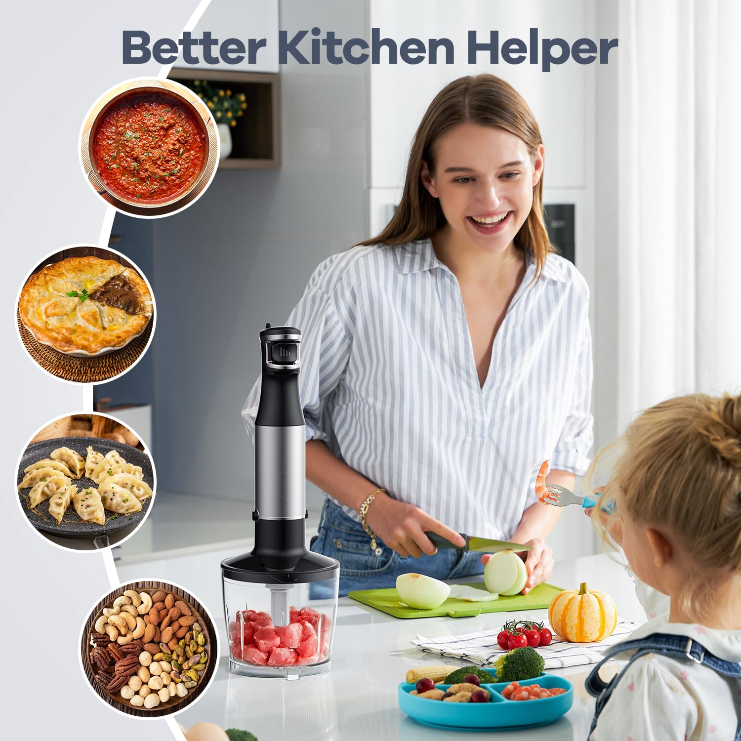 Handheld 5-in-1 Immersion Blender with Variable Speed Trigger 1100W, Hadlook Immersion Blender with Chopper, Whisk and Frother for Soup, Baby Food and Smoothies