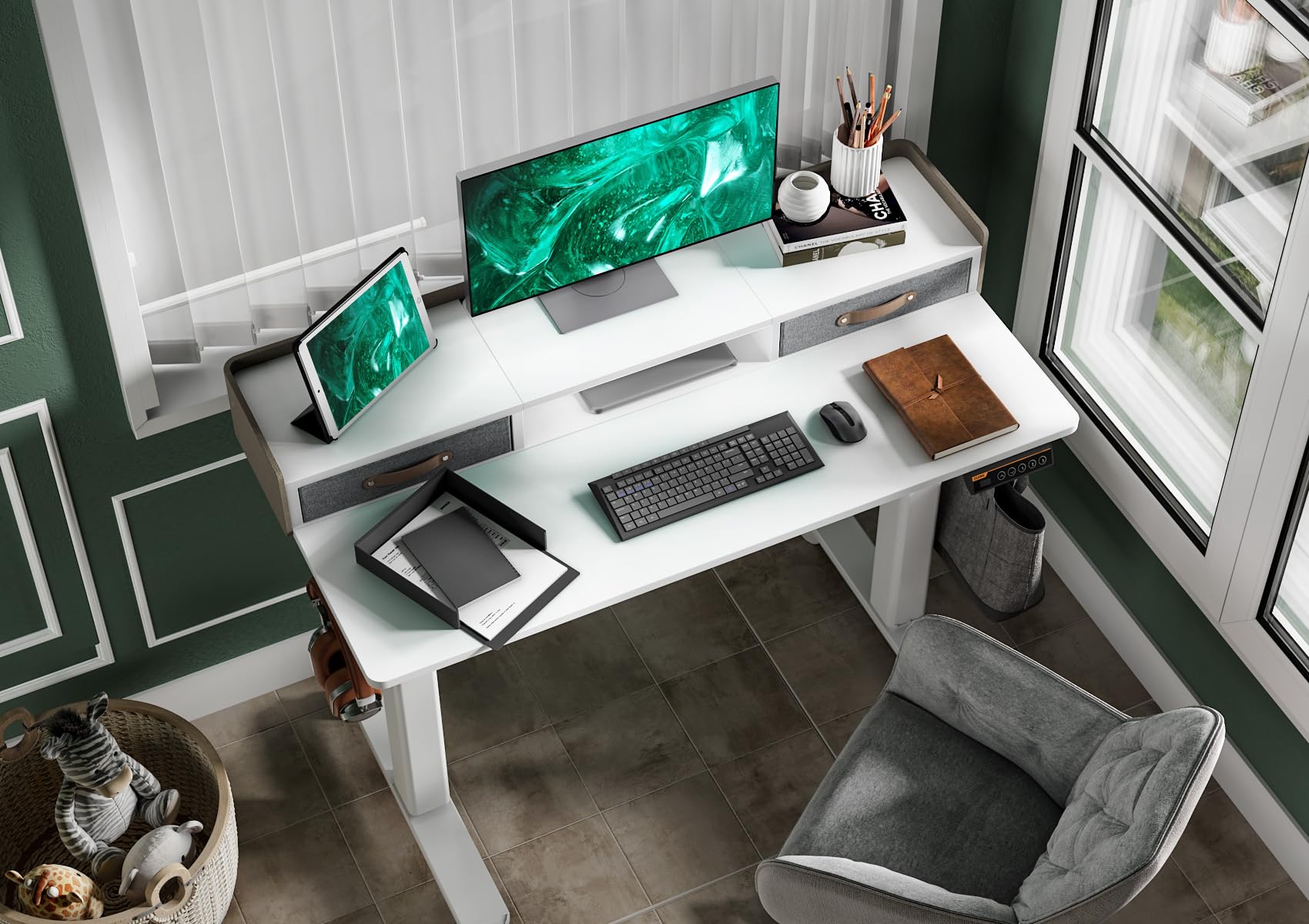 Claiks Standing Desk with Drawers, Stand Up Electric Standing Desk Adjustable Height, Sit Stand Desk with Storage Shelf and Splice Board, 55 Inch, White