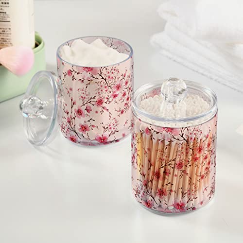 MNSRUU 2 Pack Qtip Holder Organizer Dispenser Pink Cherry Tree Bathroom Storage Canister Cotton Ball Holder Bathroom Containers for Cotton Swabs/Pads/Floss