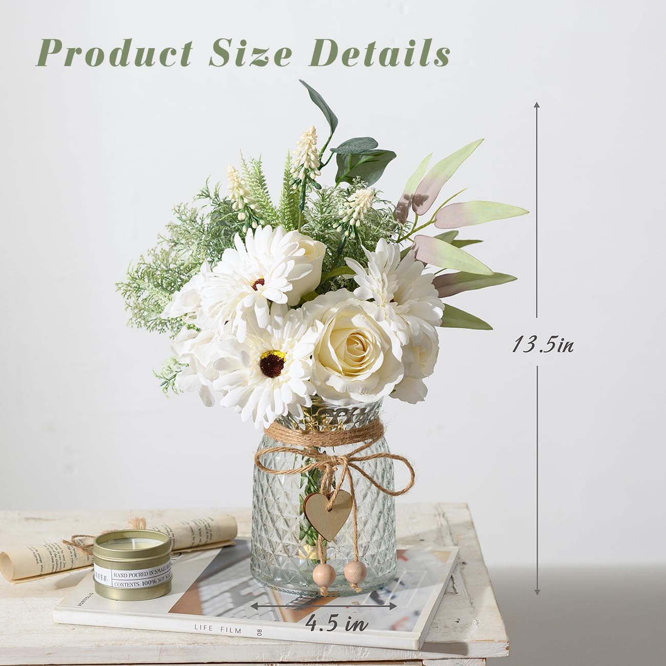 COZZI CODI Artificial White Flowers with Vase, Fake Flowers Arrangement for Home Decor, Faux Flowers for Farmhouse Coffee Table Decor, House Kitchen Centerpiece Table Decorations