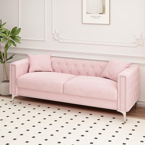 FANYE Velvet Upholstered Sofa Couch with 2 Pillows,Modern 3 Seaters Sofa Couch with Nailhead Decor and Metal Legs for Living Room