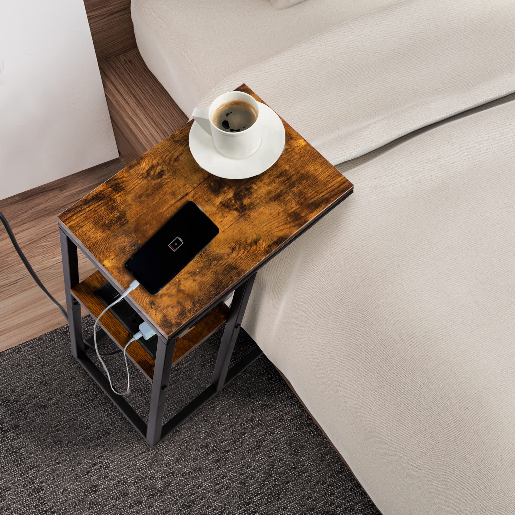 C Shaped Side Table With Charging Station End Tables With Usb Ports And Outlets Slim Skinny Narrow End Tables For Small Spaces Bedside Tables Couch Tables That Slide Under Sofa Tables For Bed Tray Tv