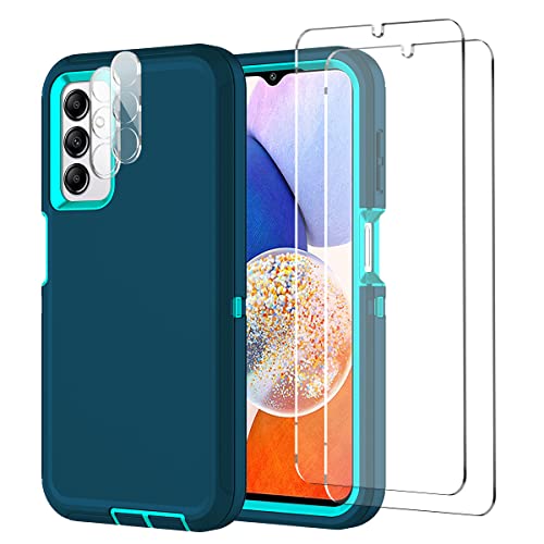 Hucasok for Galaxy A14 5G Case,Samsung Galaxy A14 5G Case with 2 Pack Screen Protector+2 Pack Camera Lens Protector Shockproof Rugged Full Body Protection Heavy Duty 3-Layer Durable Cover,Turquoise