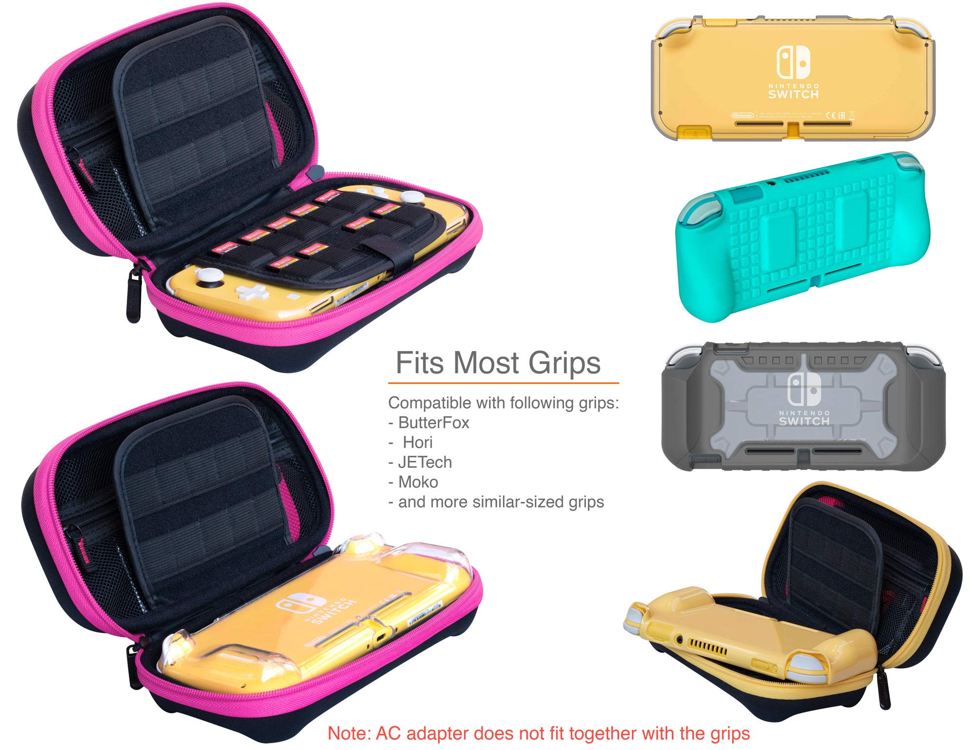 ButterFox Large Carrying Case for Nintendo Switch Lite, Fits Charger, Compatible with Hori Duraflexi Protector, Large Storage Pouch for Switch Lite Accessories (Pink/Black)
