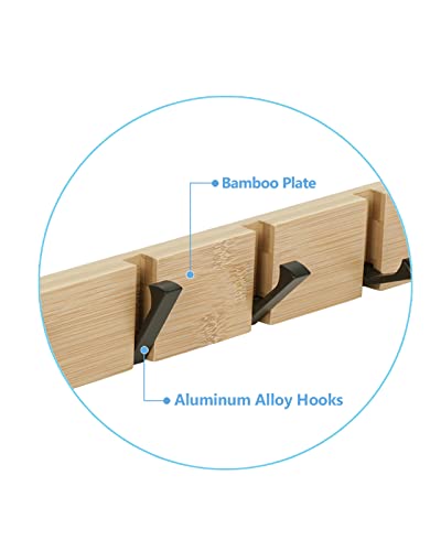 JSVER Wooden Coat Hooks Coat Rack Wall Mount, Space-Saving Coat Rack with 5 Standard Retractable Hooks, Hat Coat Hook for Entryway, Hallway, Bathroom, Living Room, Bedroom
