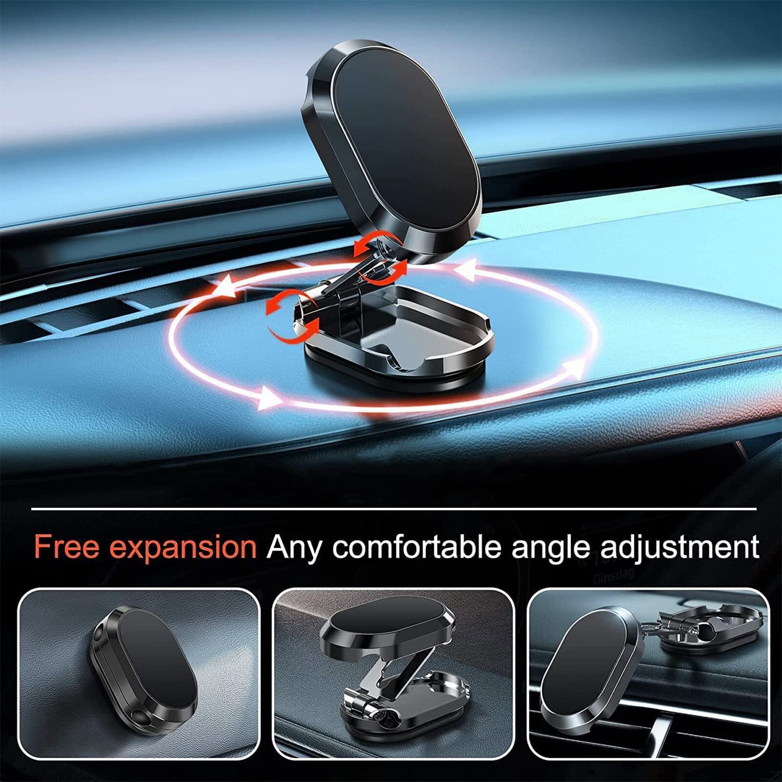 FEELNOW 2023 New Alloy Folding Magnetic Car Phone Holder, Magnetic 360° Car Phone Holder Stand Dashboard Folding Bracket Universal (Black)