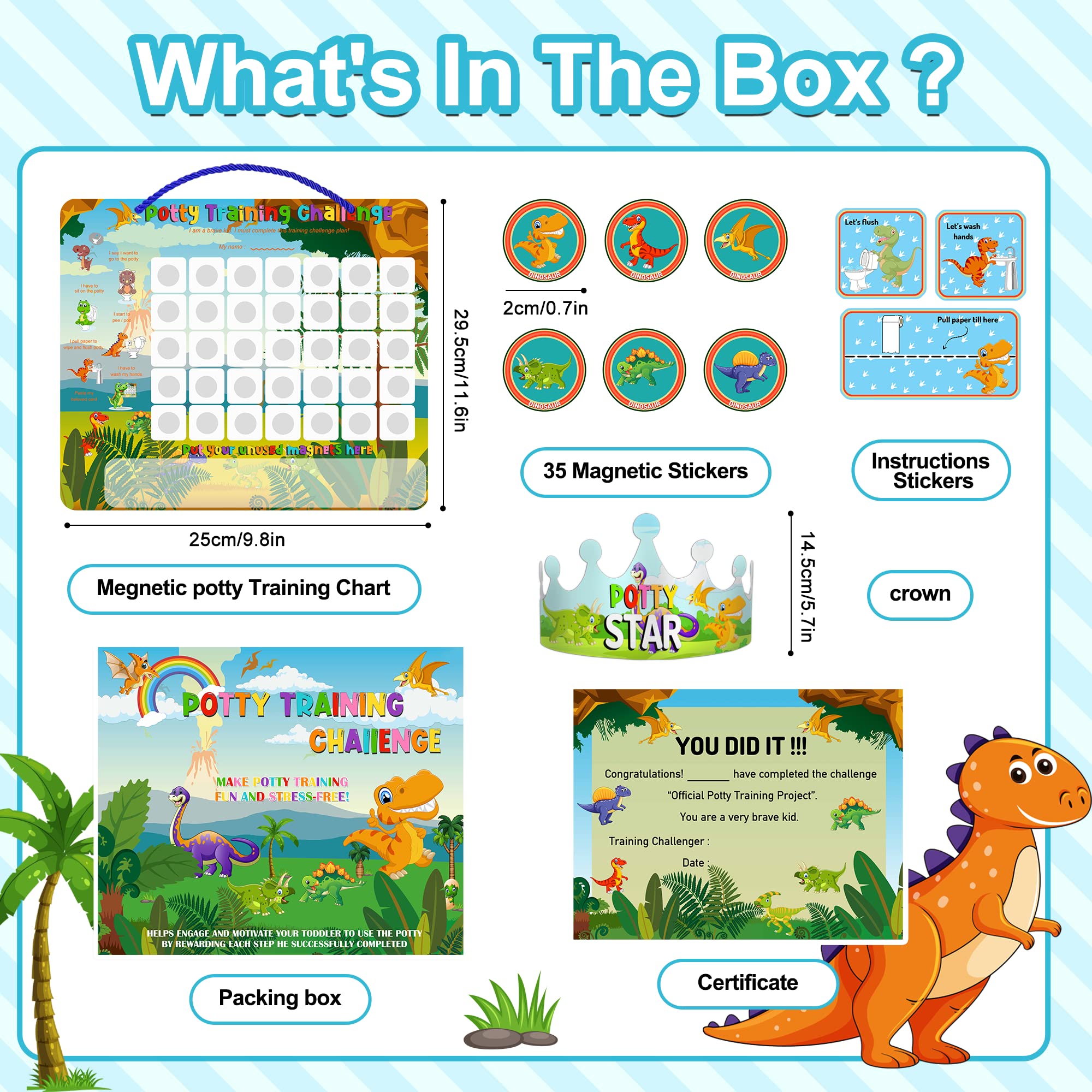 Potty Trainning Chart for Toddlers Fun Kids Toilet Incentives Sticker with 35Pcs Dino Potty Magnetic Reward Stickers