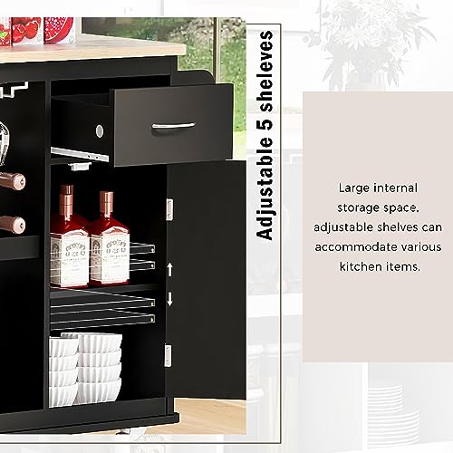 JVIBI Multipurpose Kitchen Cart Cabinet with Side Storage Shelves,Rubber Wood Top, Adjustable Storage Shelves, 5 Wheels, Kitchen Storage Island with Wine Rack for Dining Room, Home,Bar,Black