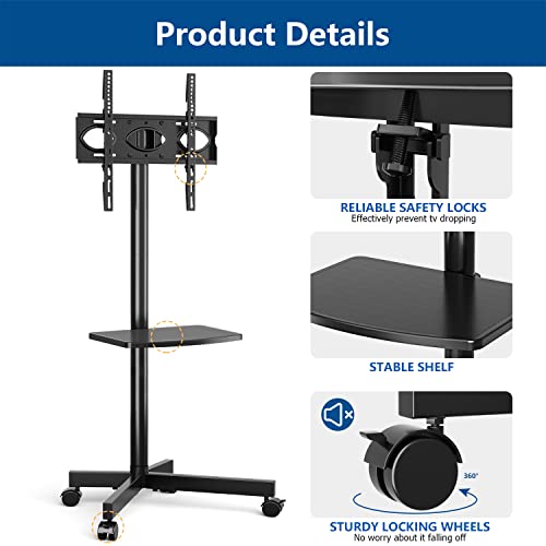 Mobile TV Cart for 23-60 Inch LCD LED Flat Panel Curved Screen TVs up to 88 lbs, Height Adjustable Shelf Rolling Floor Stand with Wheels as a Movable Portable TV Stand, Max VESA 400x400mm