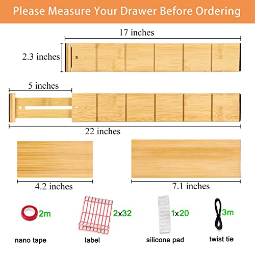 horganize Bamboo Drawer Dividers with Inserts, 8 Pack Kitchen Drawer Dividers Adjustable (17-22 inches) for Clothes, Dresser, Bathroom, Office