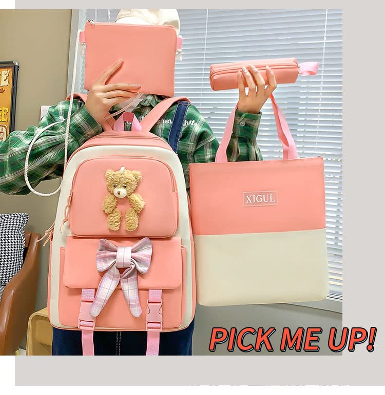 Lokkcy Kawaii Backpack 4Pcs Set with cute plush Pendants & Badge,Japanese School Bag and Backpack for Girls 10-12(Pink)