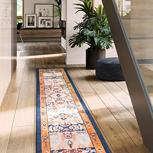 Phantoscope Allover Persian Print 2x10 Runner Rug Indoor Vintage Style Hallway Kitchen Decor Non-Slip Backing Machine Washable Rug, Orange & Blue
