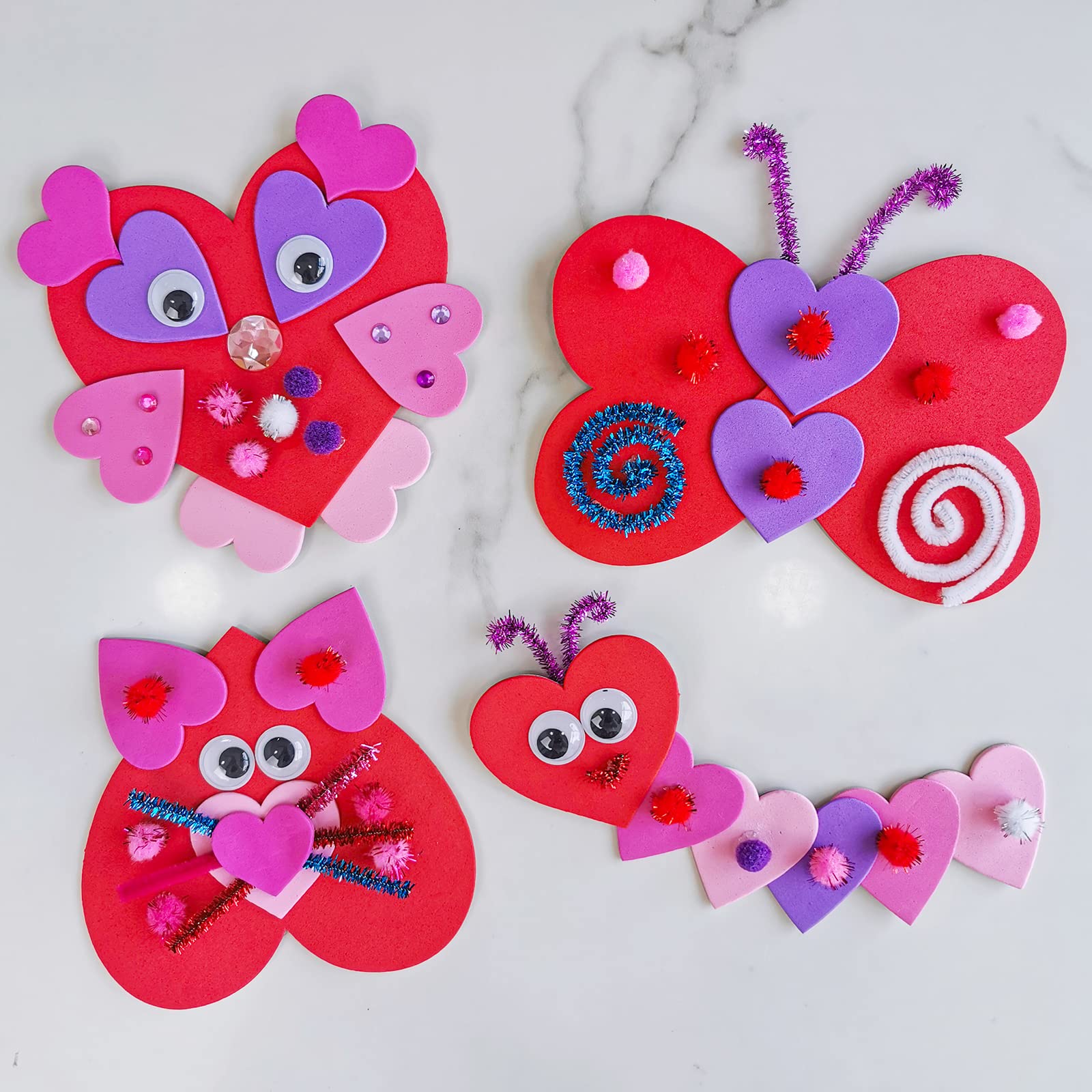 Winlyn 24 Sets Valentine's Day Craft Kits Foam Hearts to Animal Shape Ornaments Sets DIY Heart Dog Cat Owl Fish Butterfly Bee llama Bunny Decorations for Kids Valentine Spring Party Art Activity