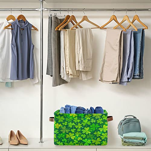 Green Clover St Patricks Day Storage Basket Trefoils Leaves Storage Organizer Box Bin Large Collapsible Cube Baskets with PU Handles for Shelf Closet Nursery Laundry 1 Pack