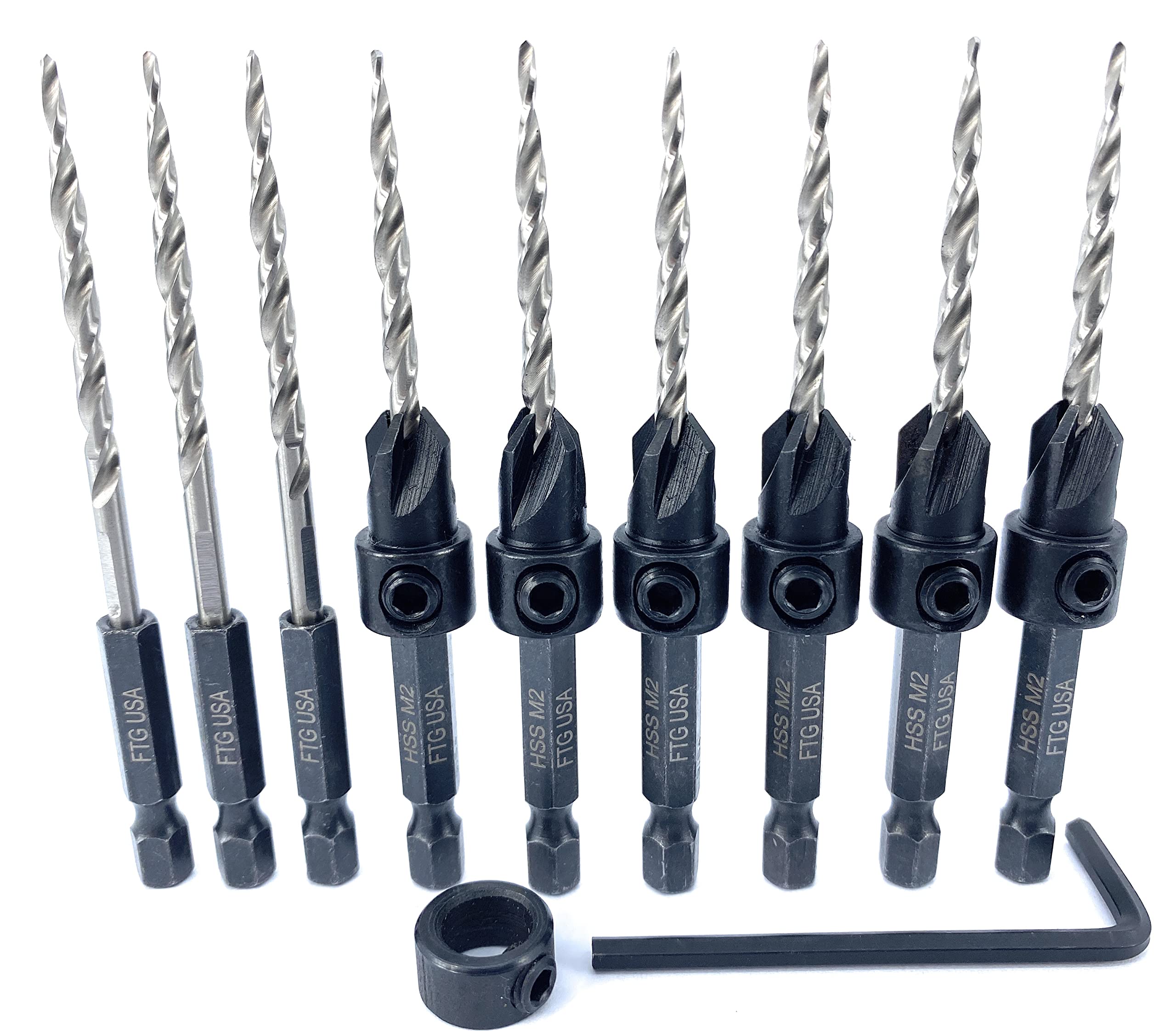 FTG USA Countersink Drill Bit Set 6 Pc #6 (9/64") Wood Countersink Drill Bit Pro Pack Countersink Set, with 3 Replacement Tapered Countersink Bits 9/64", 1 Stop Collar, 1 Hex Wrench