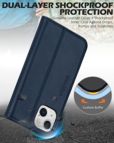 SHIELDON Case for iPhone 13 6.1", Genuine Leather iPhone 13 Wallet Folio Case with Kickstand RFID Blocking Card Holder Magnetic Full Protection Shockproof Case Compatible with iPhone 13 5G - Navy Blue