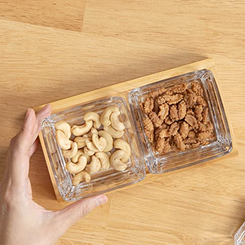 GOODSDECO Glass Serving Dishes with Wood Serving Tray, Divided Serving Platters with Wood Tray, Glass Bowl and Platters for Parties (2pcs)