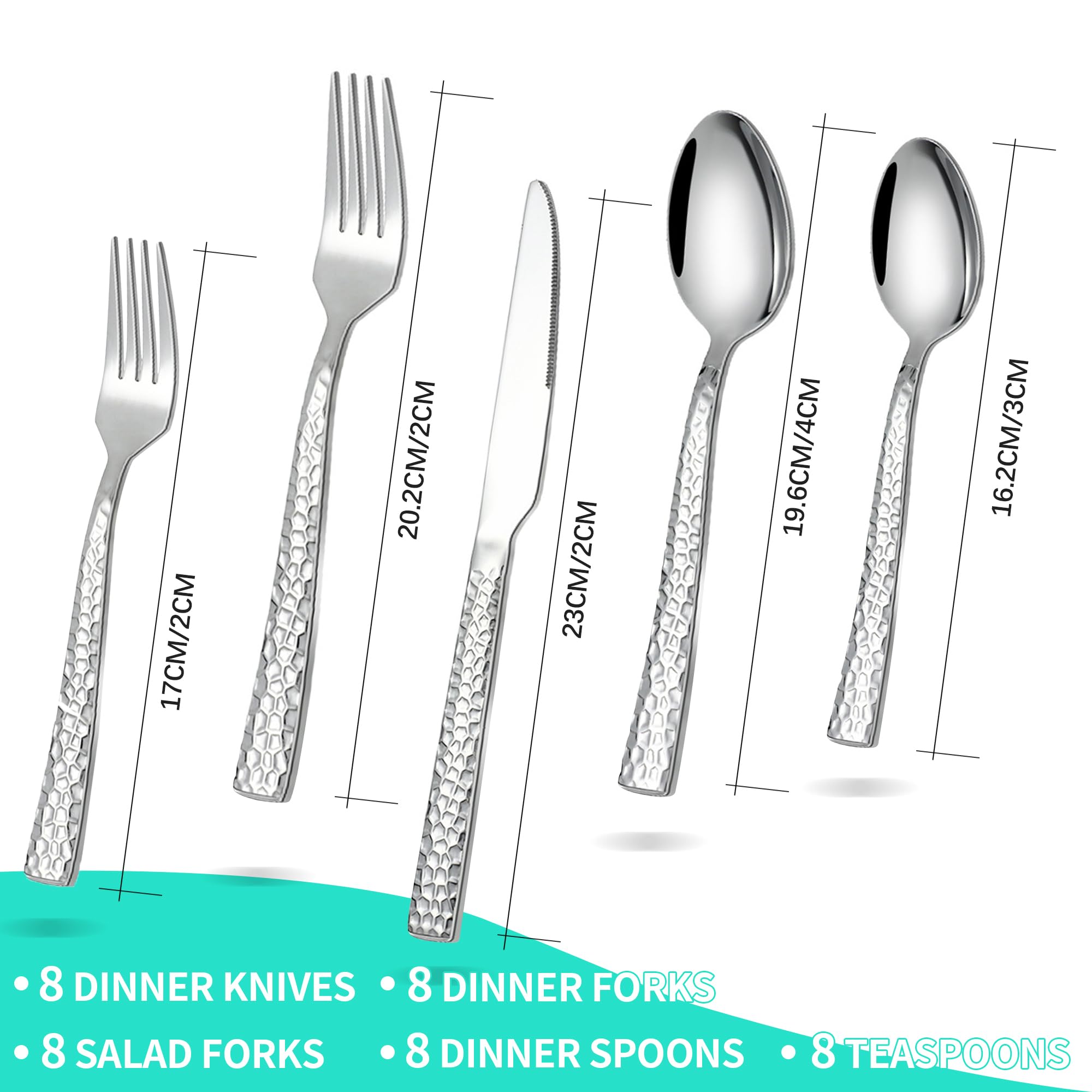 LAIWOO 40 Piece Silverware Set Service for 8, Premium Stainless Steel Hammered Flatware Cutlery Set Forks Spoons and Knives Utensil Sets for Home, Restaurant, Hotel, Mirror Polishe & Dishwasher Safe