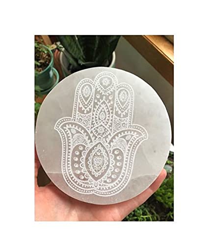 CrystalsAhoy 4" Hamsa Hand Etched Selenite Charging Plate