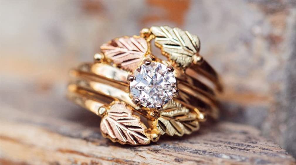Bypass Leaves Ring with CZ, 10k Yellow Gold, 12k Green and Rose Black Hills Gold Size 7.25