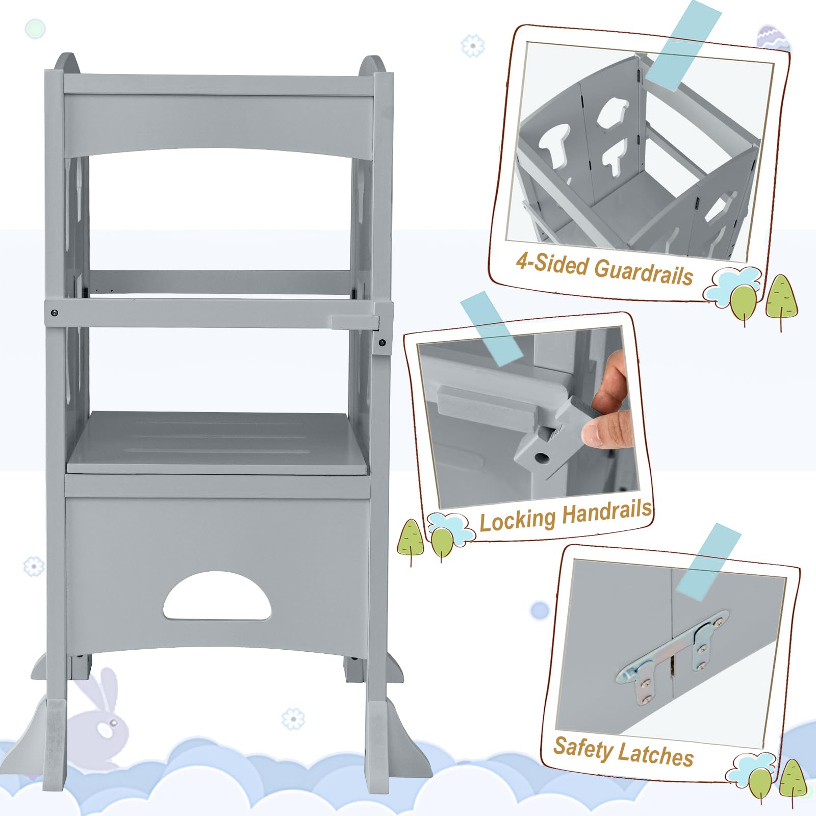 Costzon Toddler Tower, Foldable Kids Kitchen Step Stool w/Safety Rail, Height Adjustable Wood Standing Tower for Toddlers, Montessori Child Learning Tower for Bathroom, Kitchen Counter