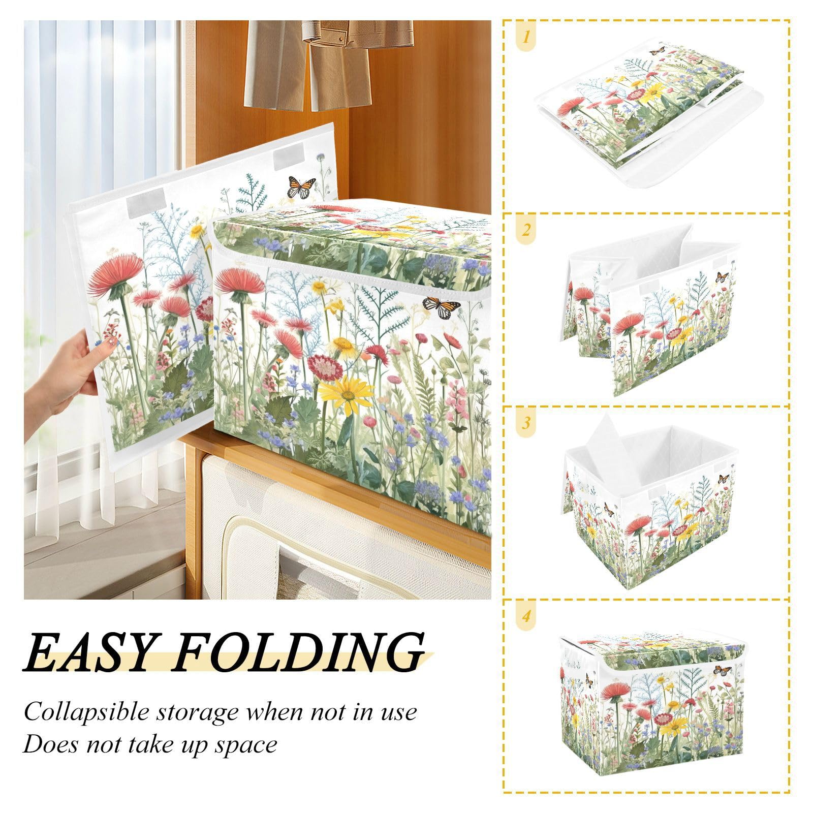 KEEPREAL Wildflowers Butterfly Storage Basket Bin with lid, Large Cube Storage Box Collapsible Storage Organizer for Home Office Closet - 16.5 L x 12.6 W x 11.8 H(51)