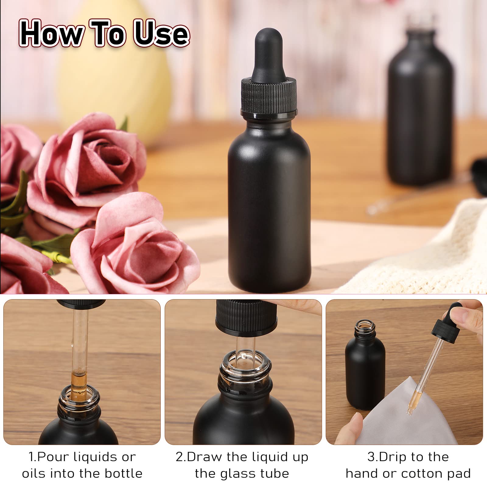 Epakh 100 Pieces Black Dropper Bottles 1oz Glass Bottles Bulk Round Bottles with Droppers and Hats 30ml Glass Dropper Bottles for Essential Oils Lab Tinctures Medicine Perfumes