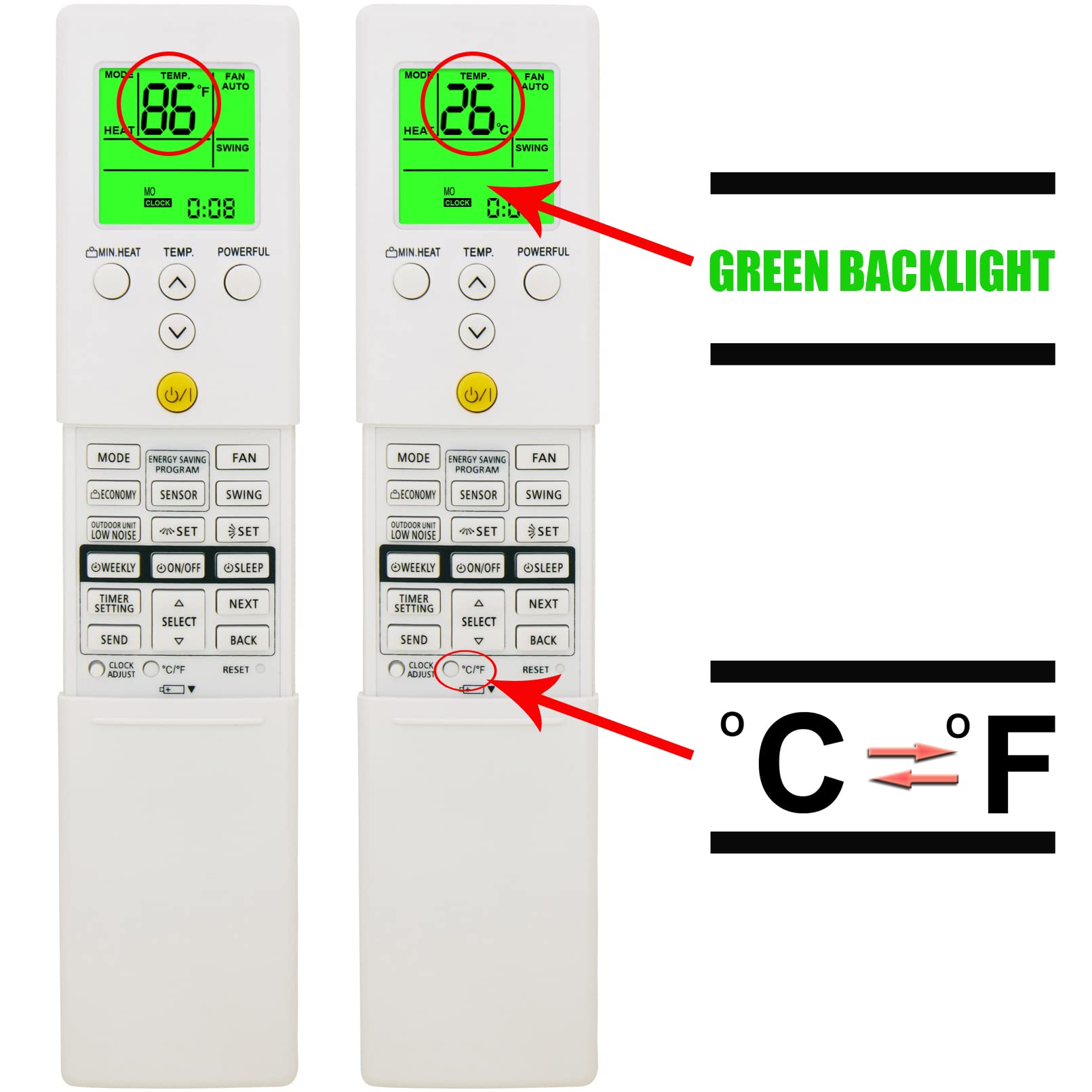 RCECAOSHAN Replacement for Fujitsu Air Conditioner Remote Control AR-REF1U ARREF1U ASU9RLS3 ASU12RLS3 ASU15RLS3 Display in Both Fahrenheit and Celsius