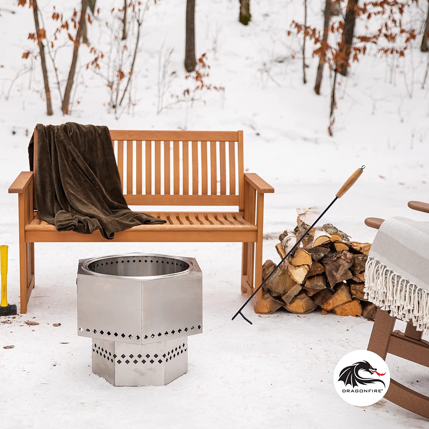 Dragonfire Fire Poker - 35" Long Fire Pit Toker Poker Featuring Wood Handle, Hanging Loop, and One-Piece Steel Construction - Perfect for Open Fires, Campfires, and Stoves