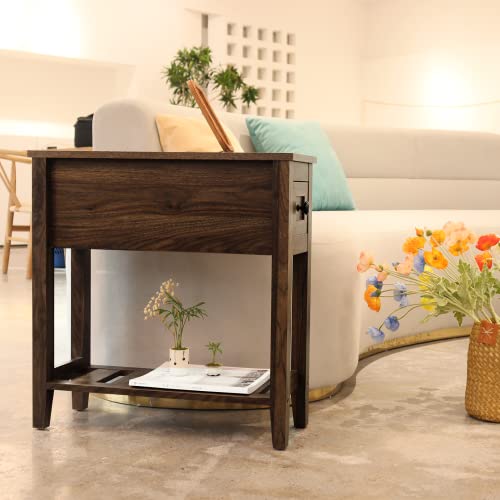 LUSUOWLZ Chairside Narrow End Table, Solid Wood Recliner Side Table with Drawer, Slim Nightstand Bedside Table for Living Room Bedroom