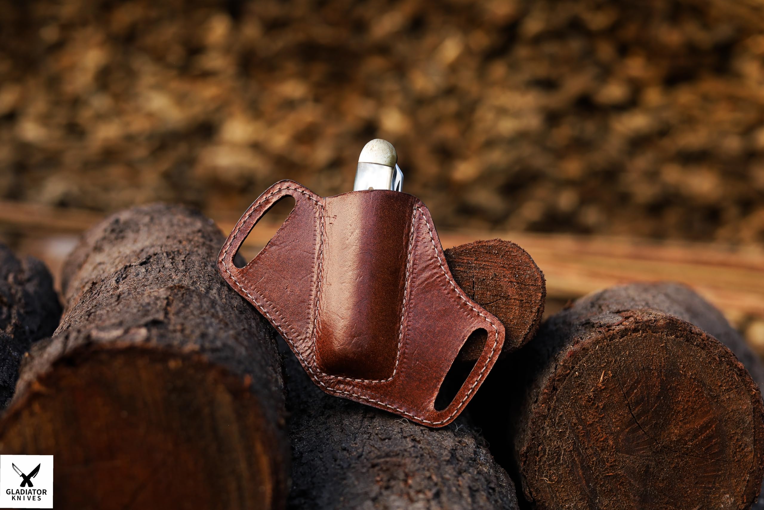 Handmade Leather Sheath for Pocket Knives, Slanted Pancake/Tooled/Belt/Trapper Style, TAN, 100% Real Leather (Brown)