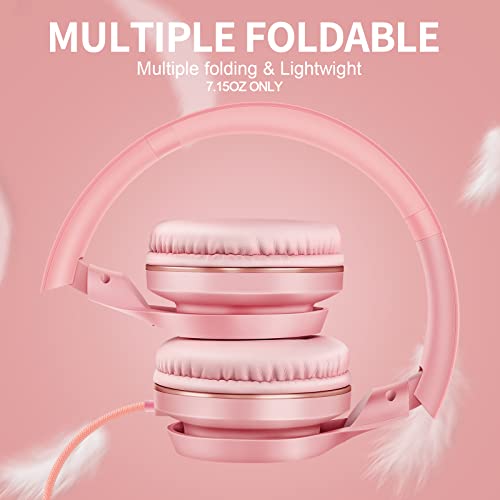 LORELEI S9 Wired Headphones with Microphone for School,On-Ear Kids Headphones for Girls Boys,Folding Lightweight and 3.5mm Audio Jack Headset for Phone, Ipad,Tablet, PC, Chromebook (Pearl Pink)