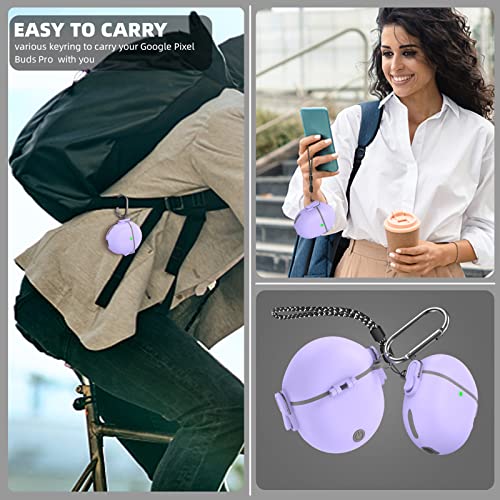 Google Pixel Buds Pro Case(2022), WOFRO Secure Lock Shock-Absorbing Protective Cover Skin for Pixel Buds Pro Accessories with Carabiner & Lanyard [One-Click Pop] (Purple)