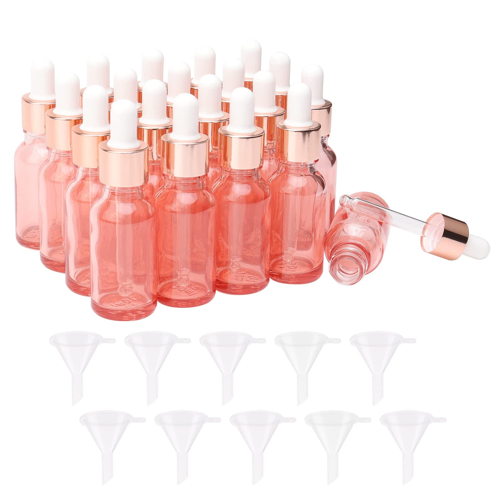 JIUWU 20Pcs 20ml Glass Dropper Bottles, Pink Glass Sample Dropper Tincture Bottles Vials with Glass Eye Pipette for Essential Oil Perfume Scent Liquid