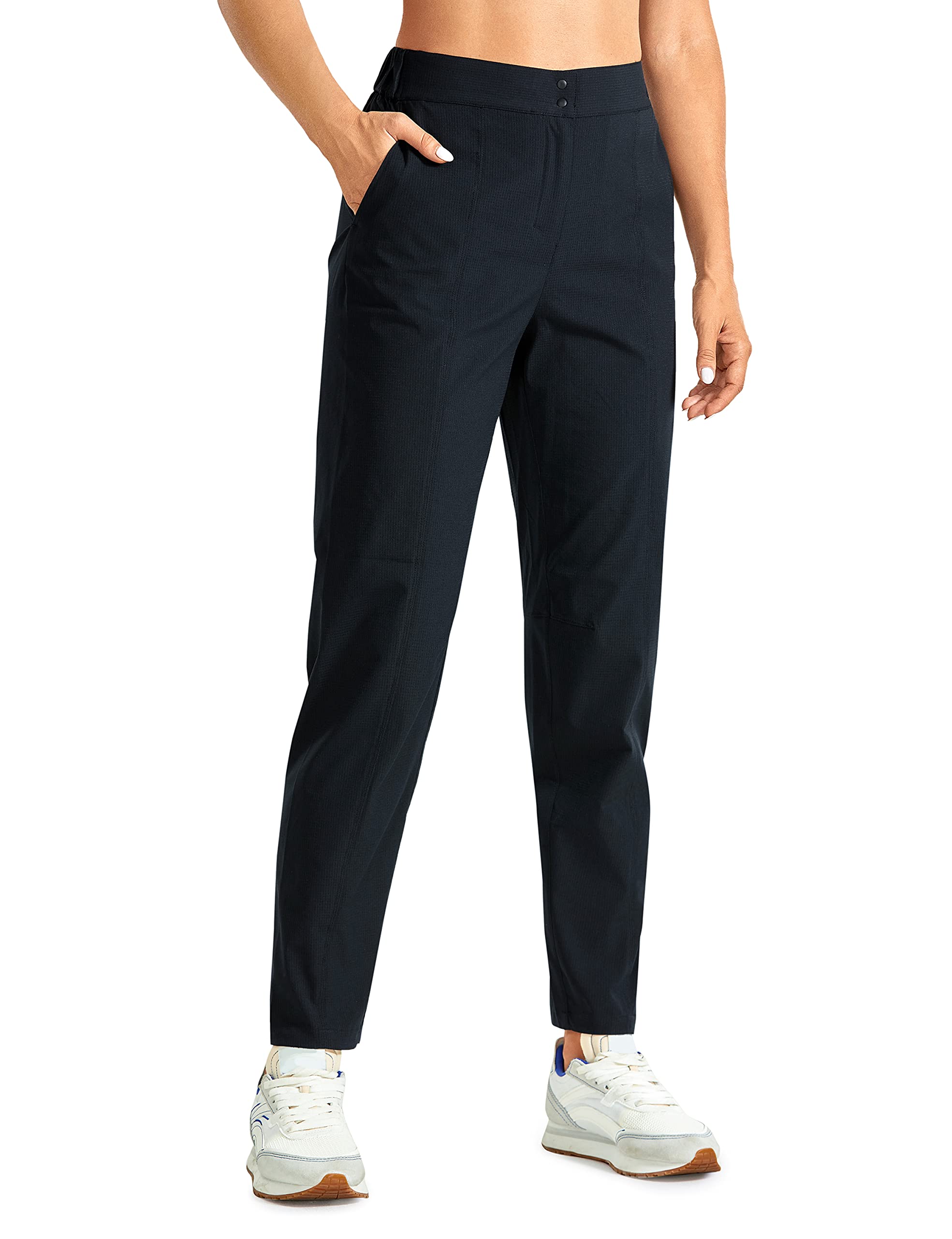 CRZ YOGA Women's Lightweight Breathable Workout Pants Zip-Fly Elastic High Waist Travel Pants with Button Closure Black Medium